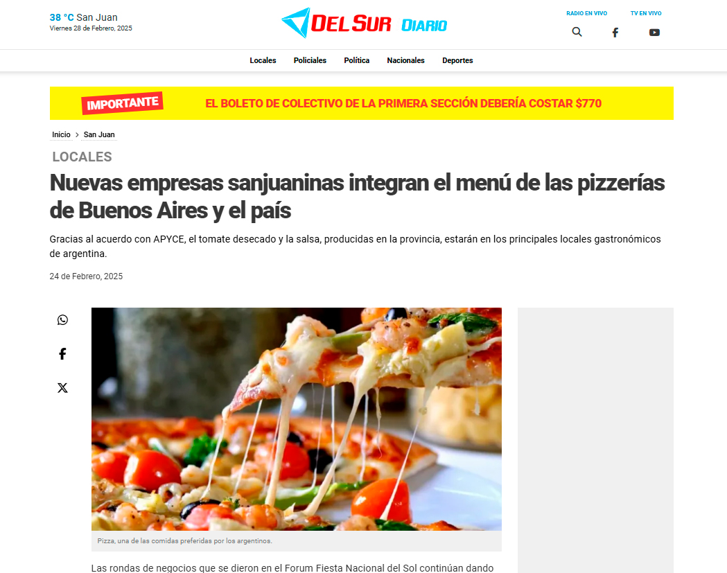 Nuevas empresas sanjuaninas integran el menú de las pizzerías de Buenos Aires y el país - APYCE